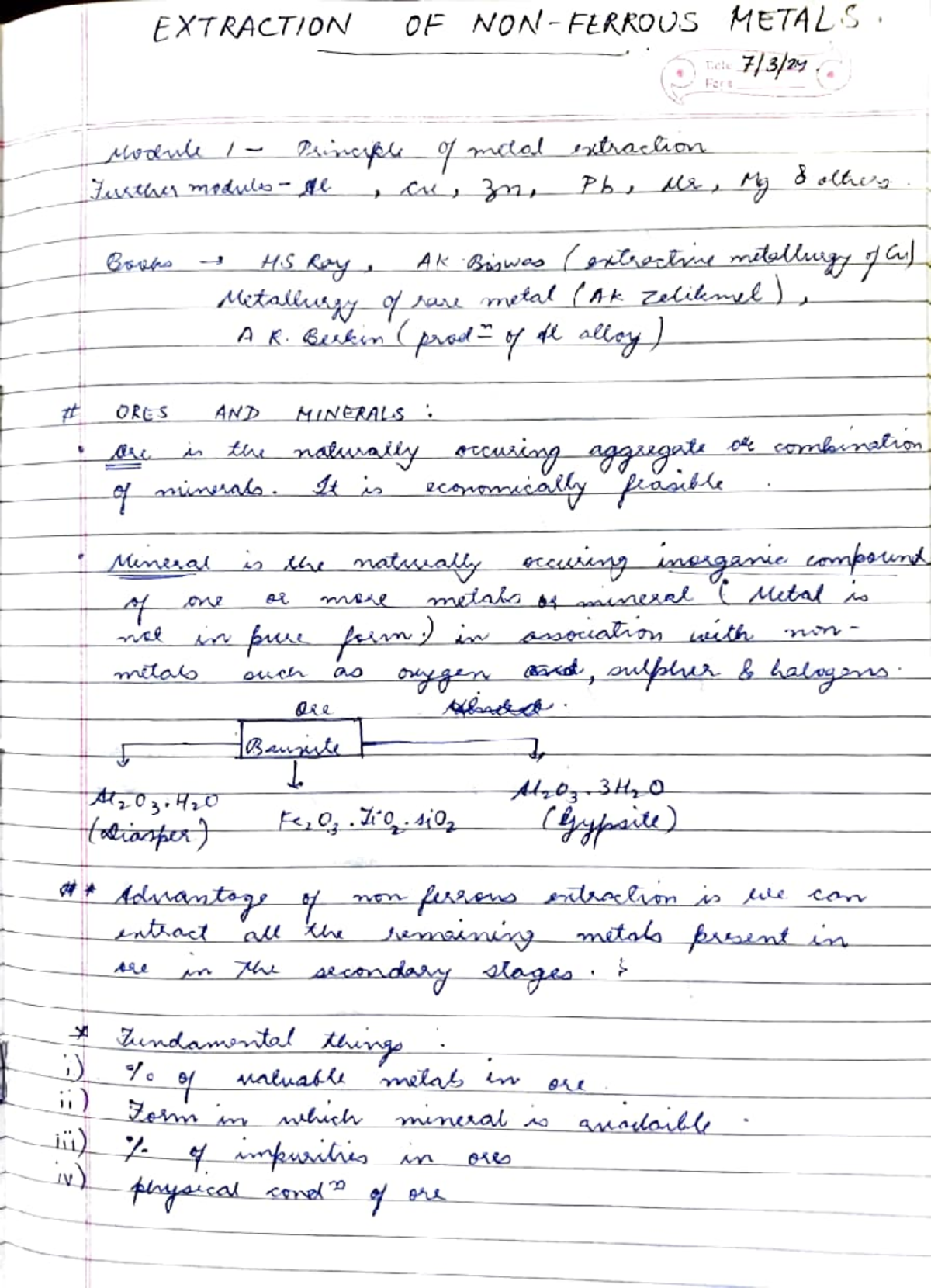 ENFM-1 - Non ferrous notes - EXTRACTION OF METALS : Date Fees Module ...