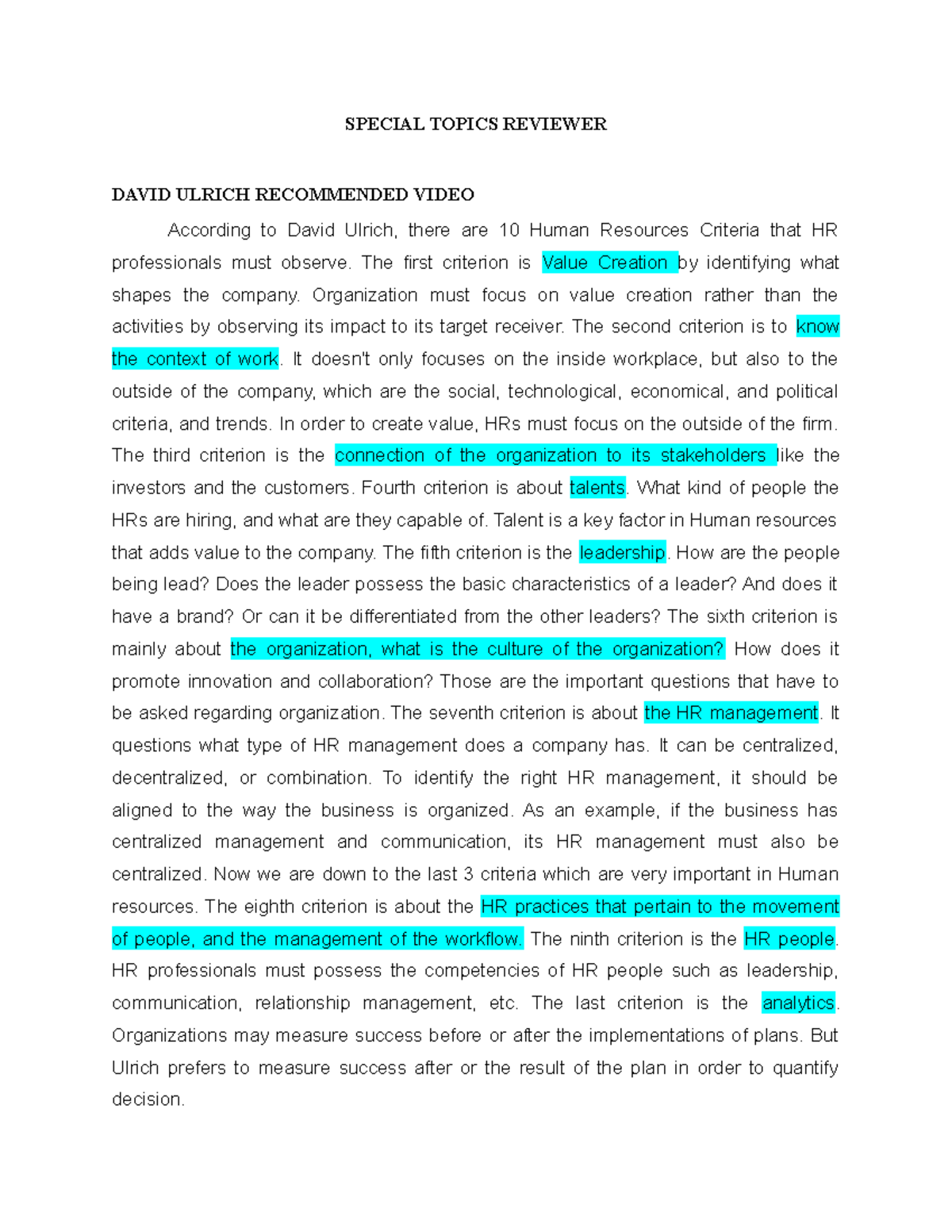 Special Topics Reviewer - SPECIAL TOPICS REVIEWER DAVID ULRICH ...
