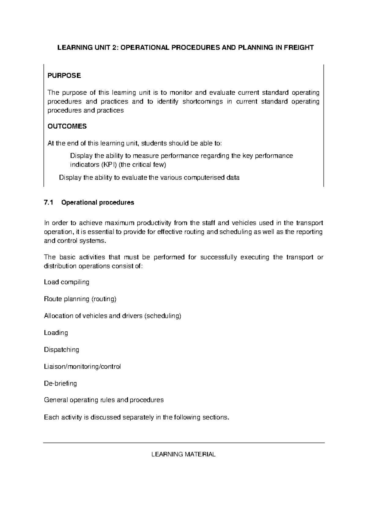 Operational Procedures AND Planning IN Freight - Warning: TT: undefined function: 32 LEARNING ...