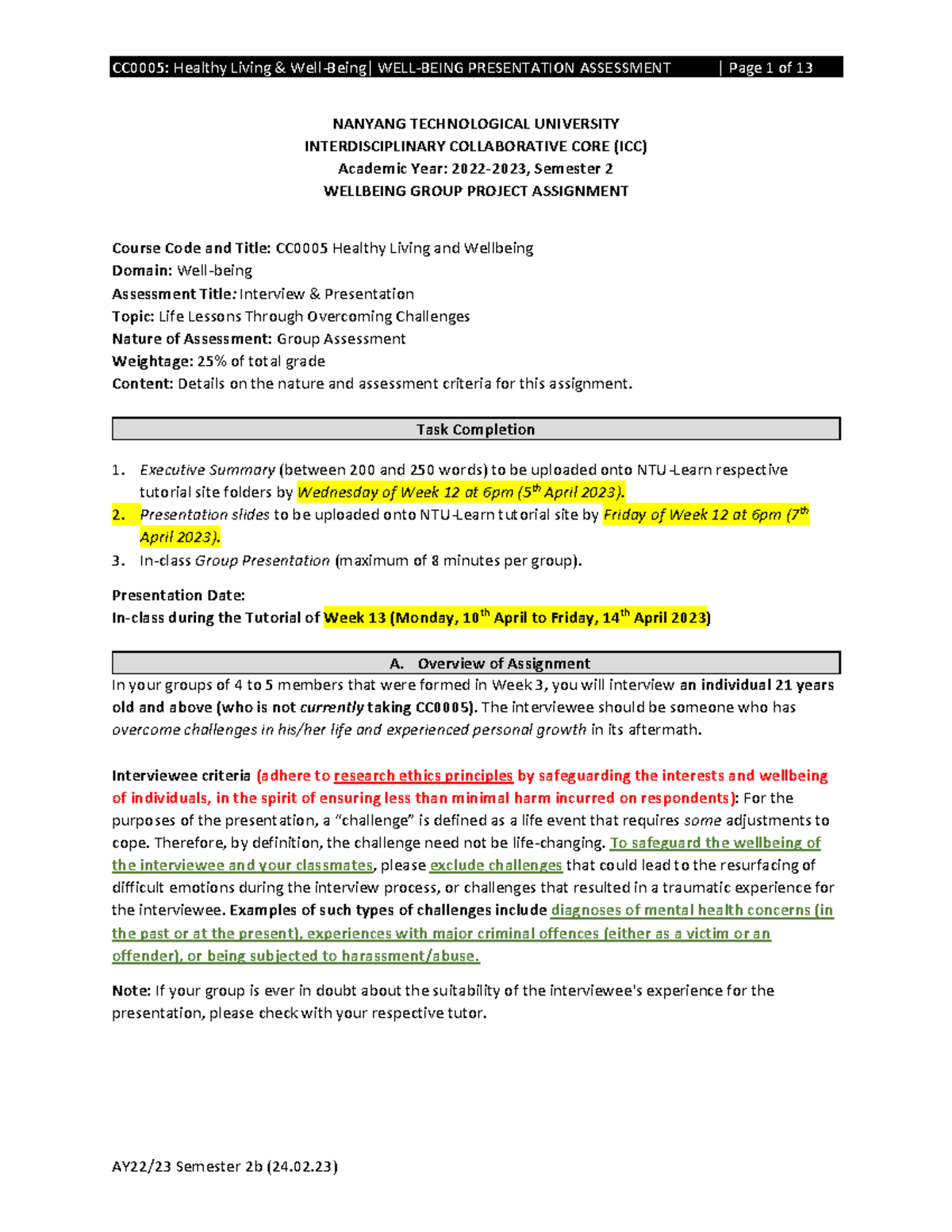 CC0005 Well Being Group Assessment Handout to Students 24 02 23 ...