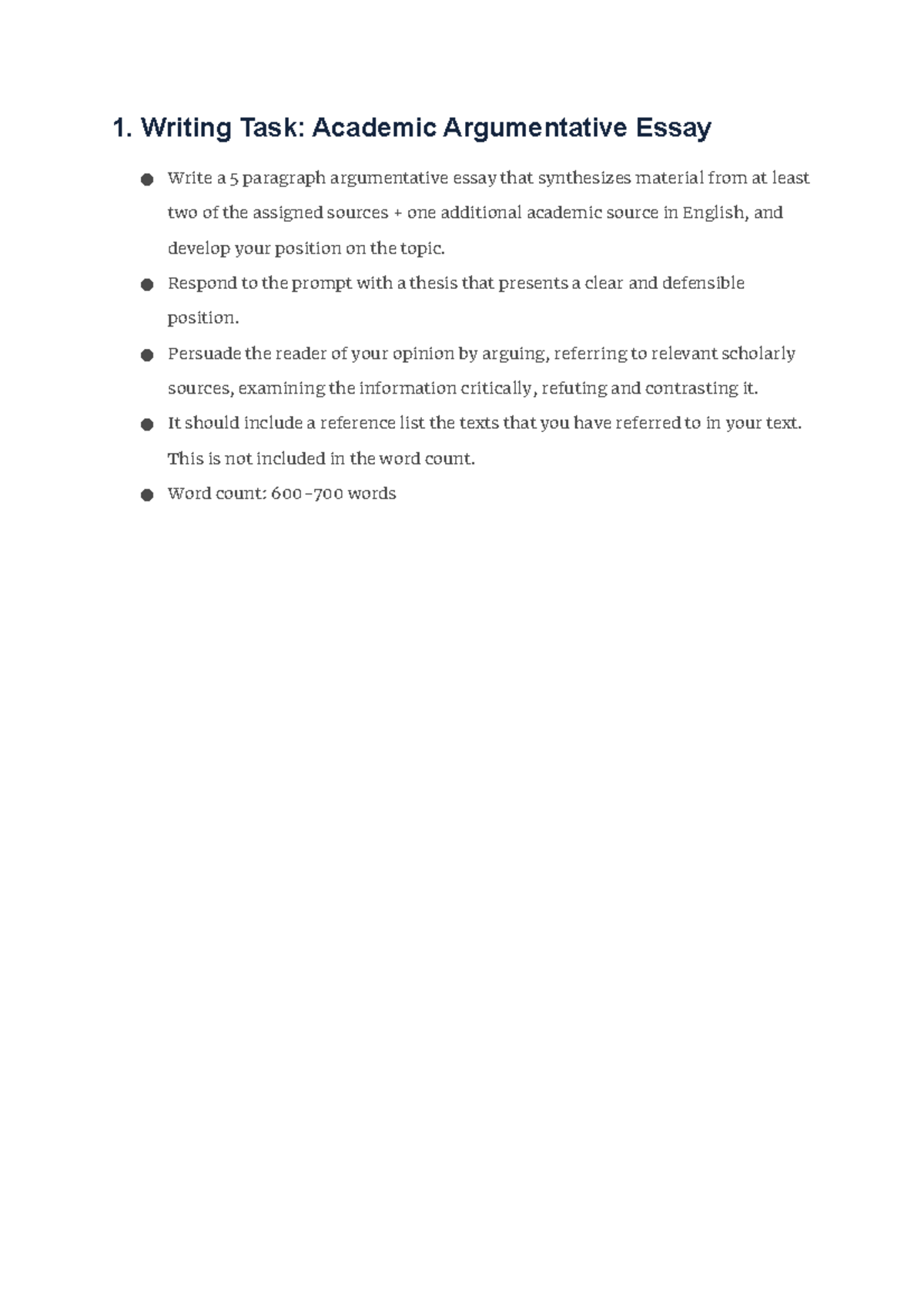 Academic Argumentative Essay 1 - 1. Writing Task: Academic ...