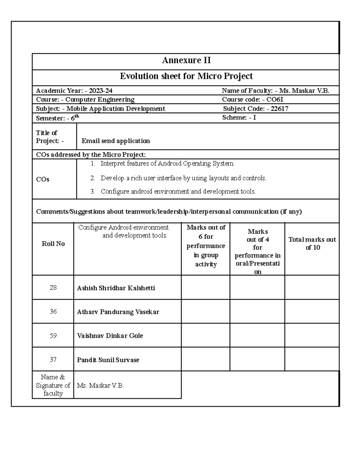 Madmicro - Micro project - Annexure II Evolution sheet for Micro Project Academic Year: - 2023 ...