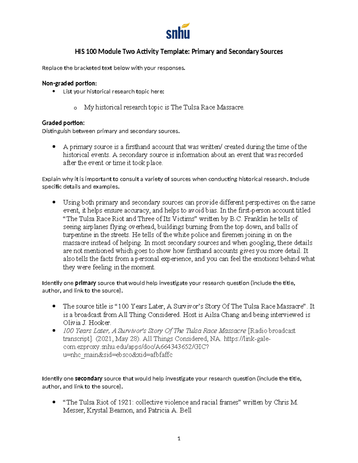 HIS 100 Module Two Activity Sources complete - HIS 100 Module Two Activity Template: Primary and ...