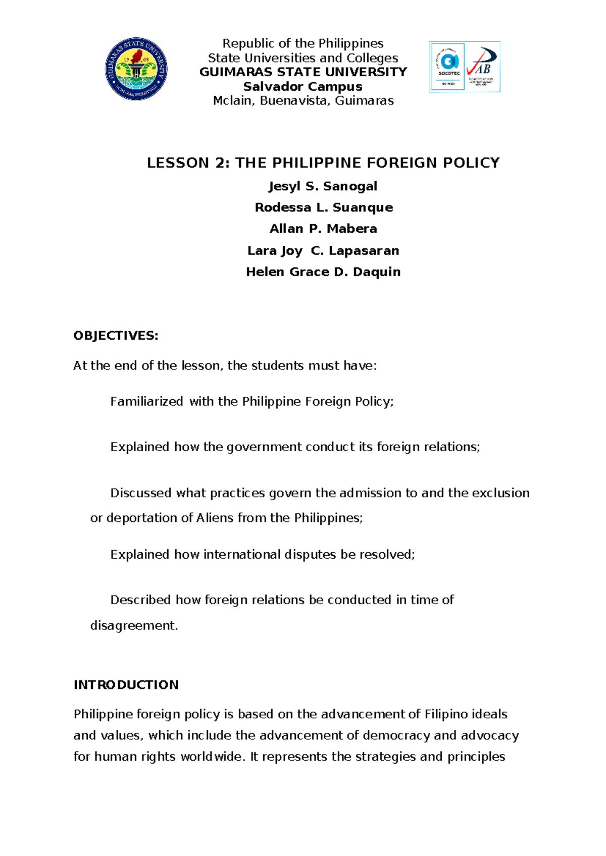 Lesson 2 THE Philippine Foreign Policy - State Universities and ...