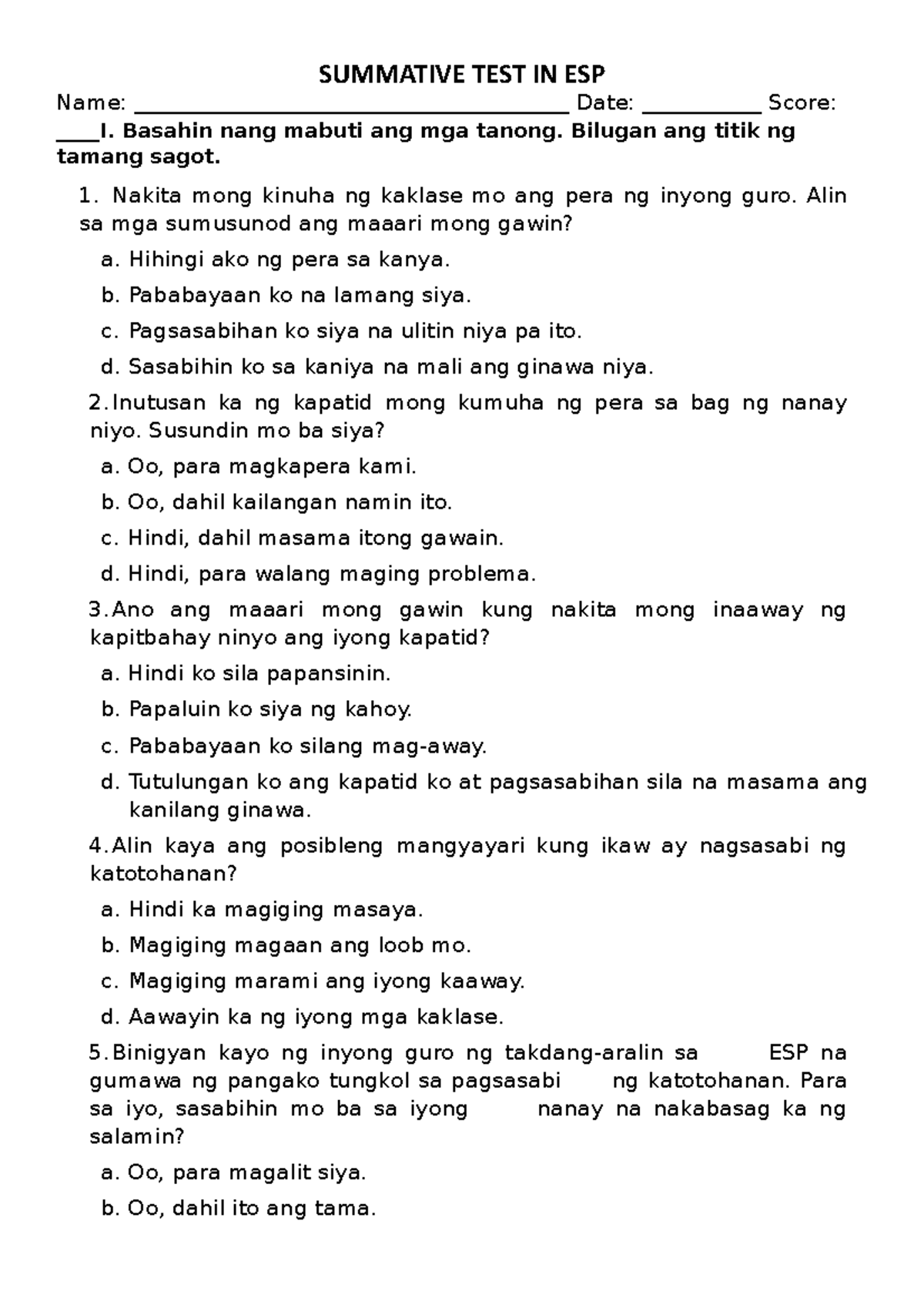 Copy of ESP 4 Q1 Summative TEST - SUMMATIVE TEST IN ESP Name: - Studocu