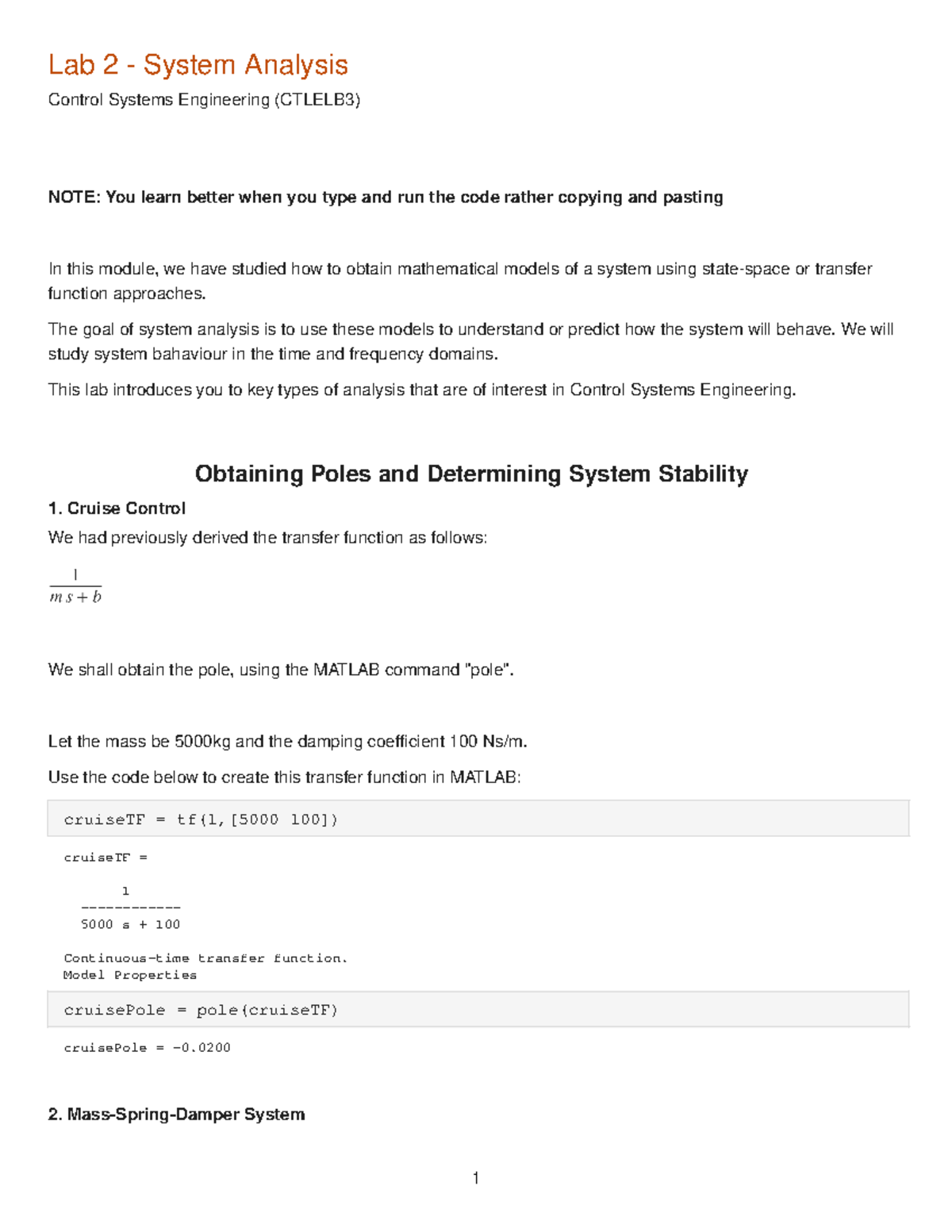 Control Systems Lab2 - Lab 2 - System Analysis Control Systems Engineering (CTLELB3) NOTE: You ...