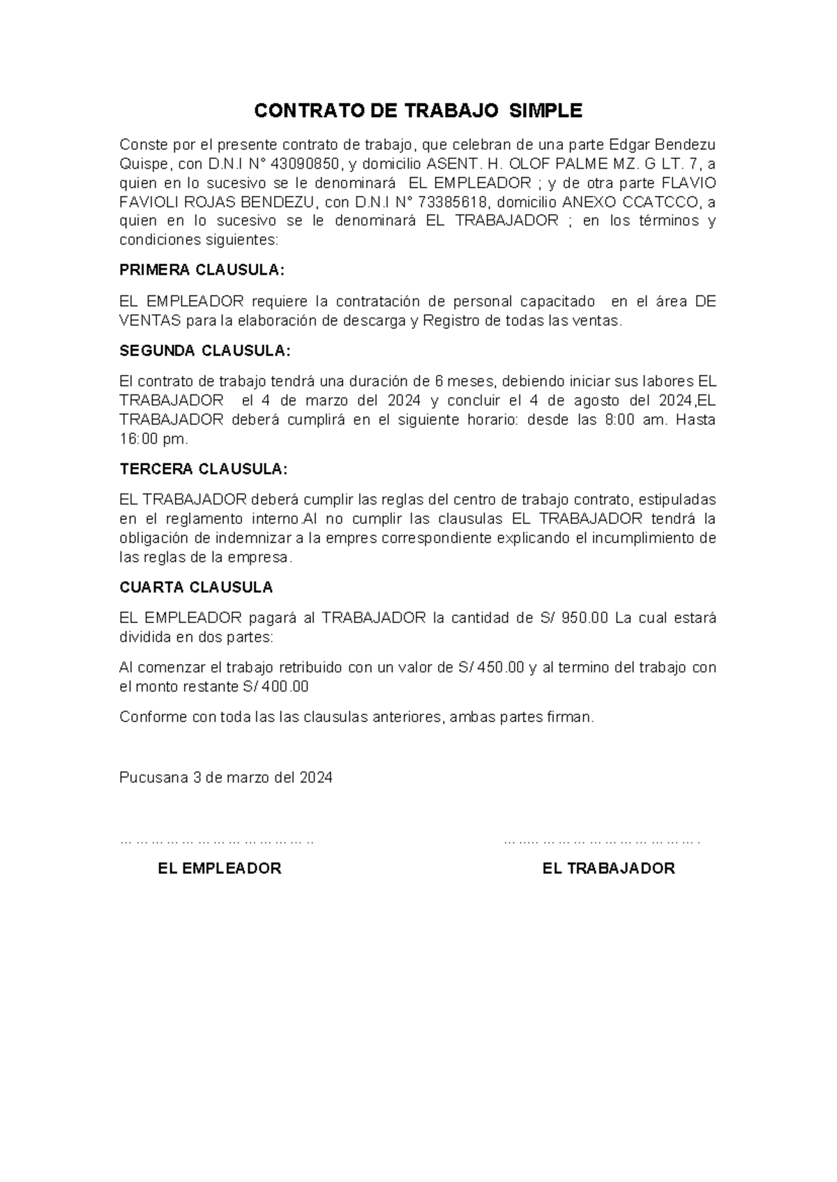 Contrato de Trabajo Simple - CONTRATO DE TRABAJO SIMPLE Conste por el ...