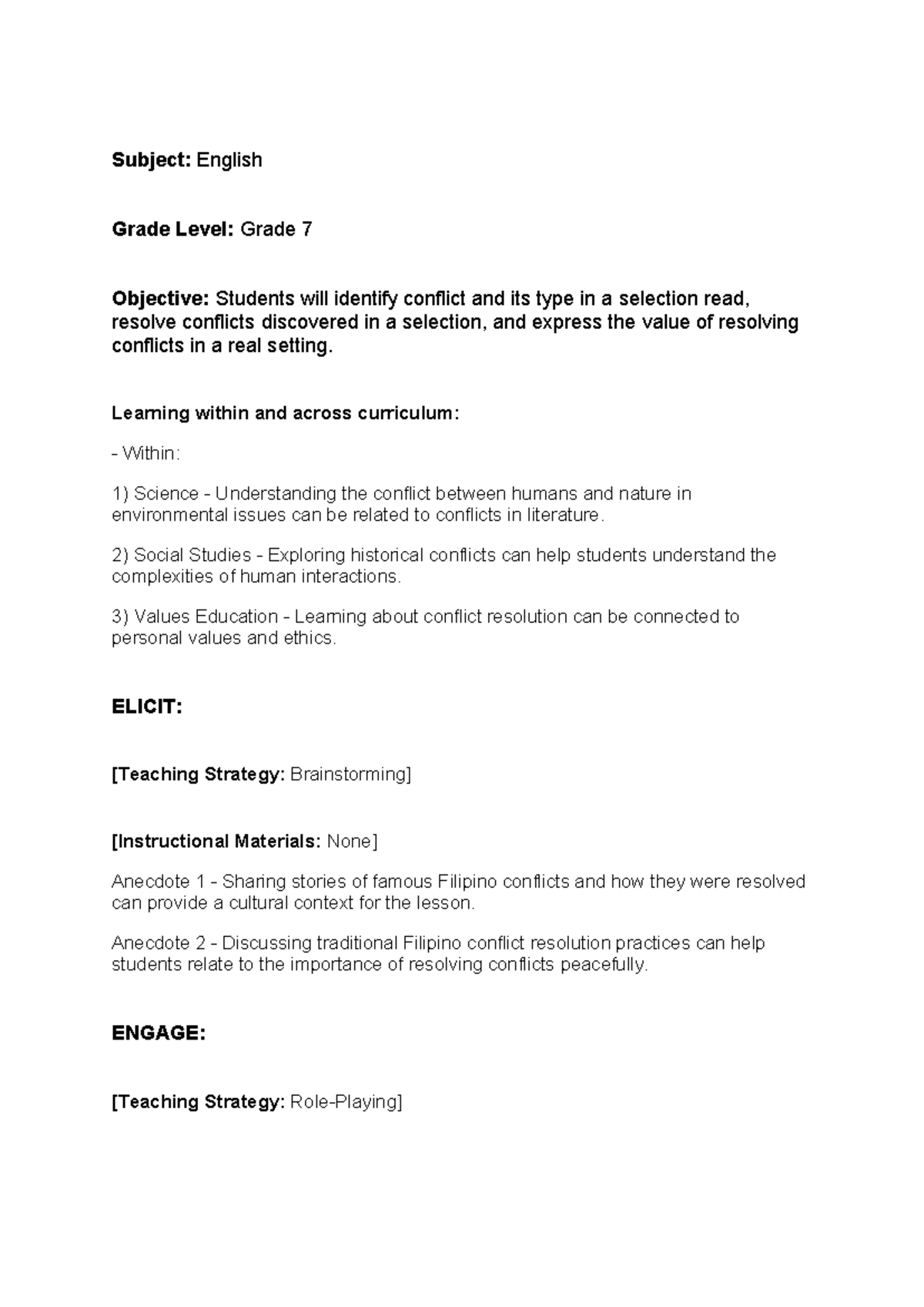Lesson plan - Catch up friday - Subject: English Grade Level: Grade 7 ...