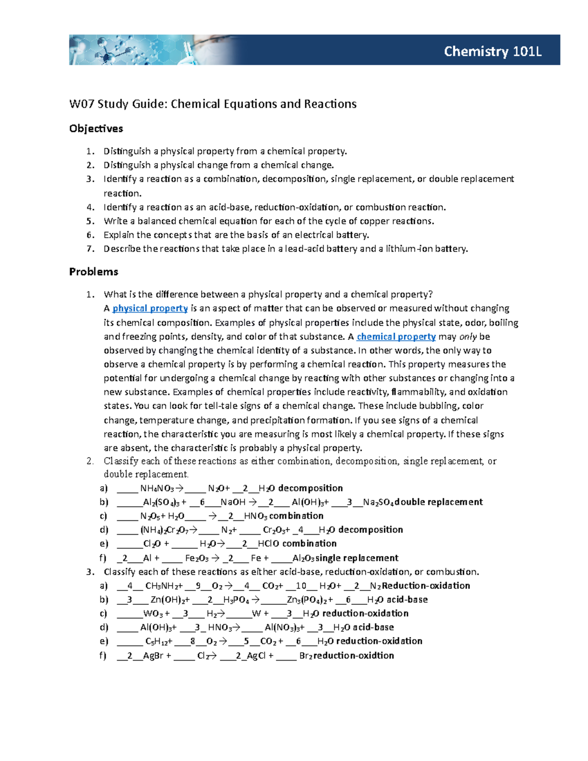 Chem101l document W07Study Guide Revsied - W07 Study Guide: Chemical ...