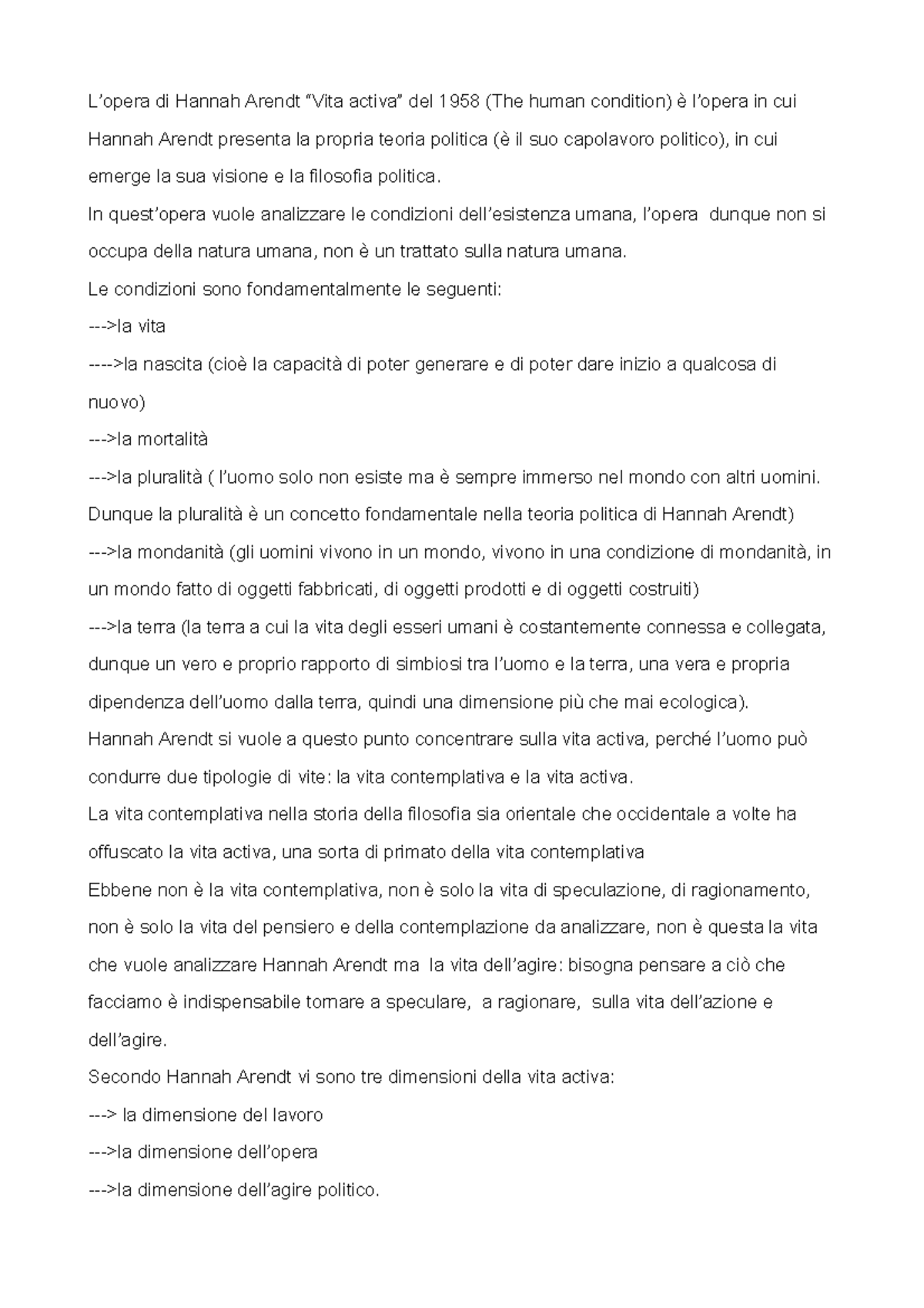 Riassunto grandi linee Vita Activia - L’opera di Hannah Arendt “Vita ...