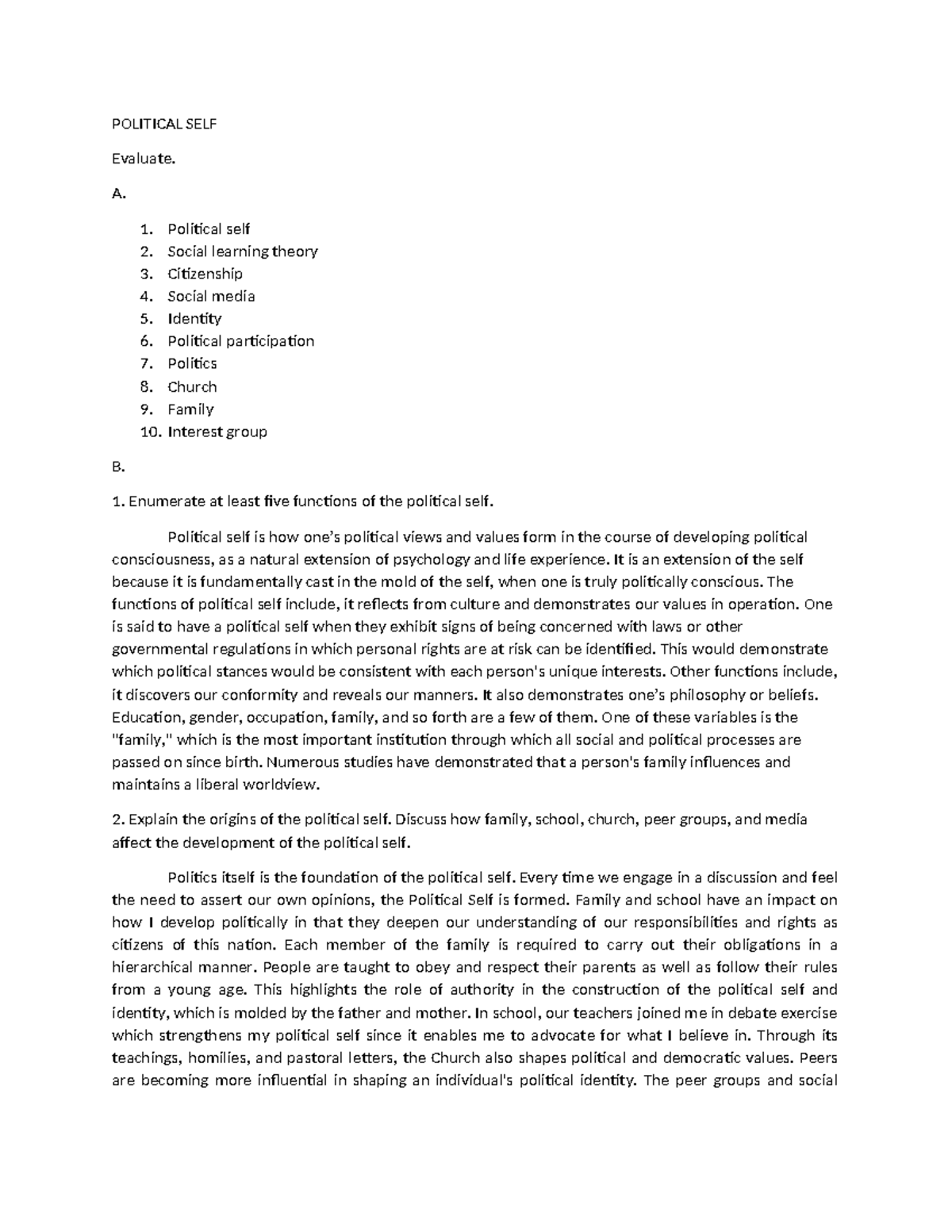 Political SELF - ANSWERS - POLITICAL SELF Evaluate. A. 1. Political ...