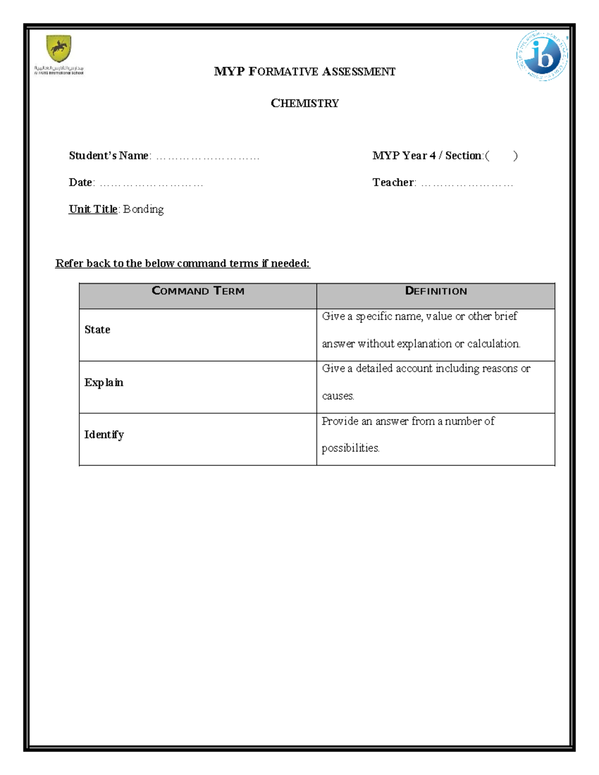 Chemistry Grade 9 Electronic Configuration Worksheet - MYP FORMATIVE ...
