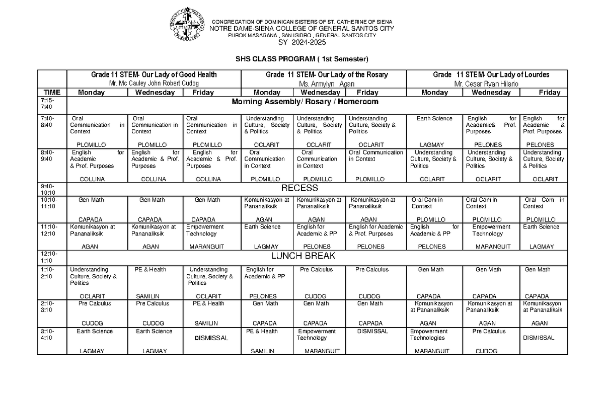 SHS Class Program SY 2024 2025 - CONGREGATION OF DOMINICAN SISTERS OF ...