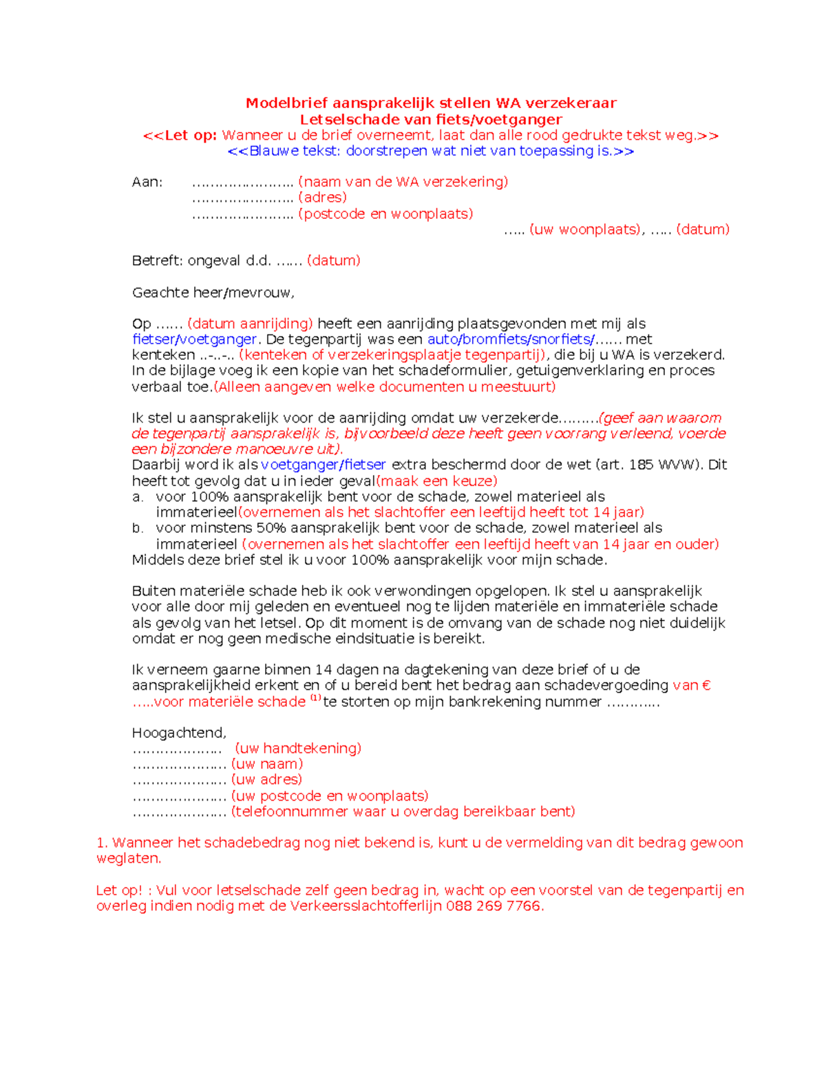 Modelbrief aansprakelijk stellen letsel wa art - Modelbrief ...
