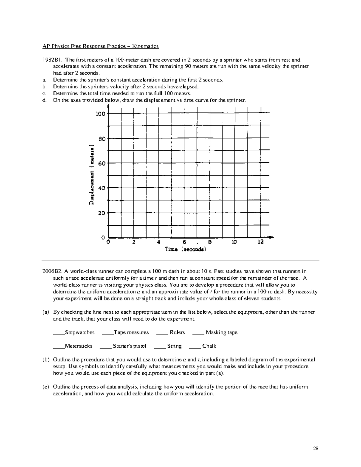 1b kinematics fr - AP Physics Free Response Practice – Kinematics ...