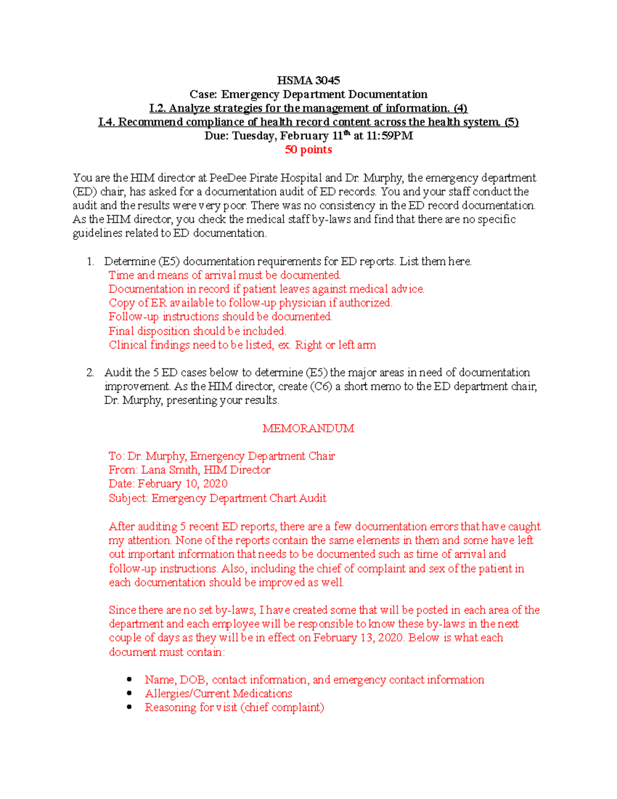ED Case - Mrs Melissa Rhodes class assignments - HSMA 3045 Case ...