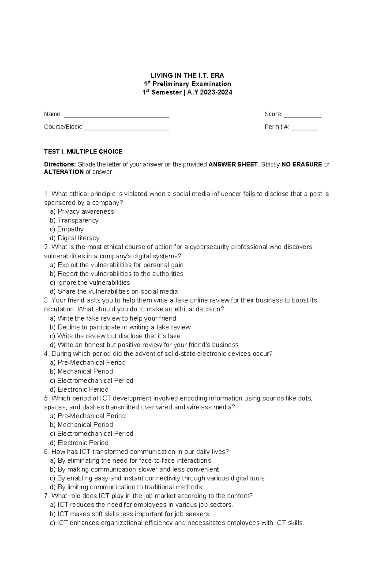 First Preliminary - Sample practice materials - LIVING IN THE I. ERA 1 ...