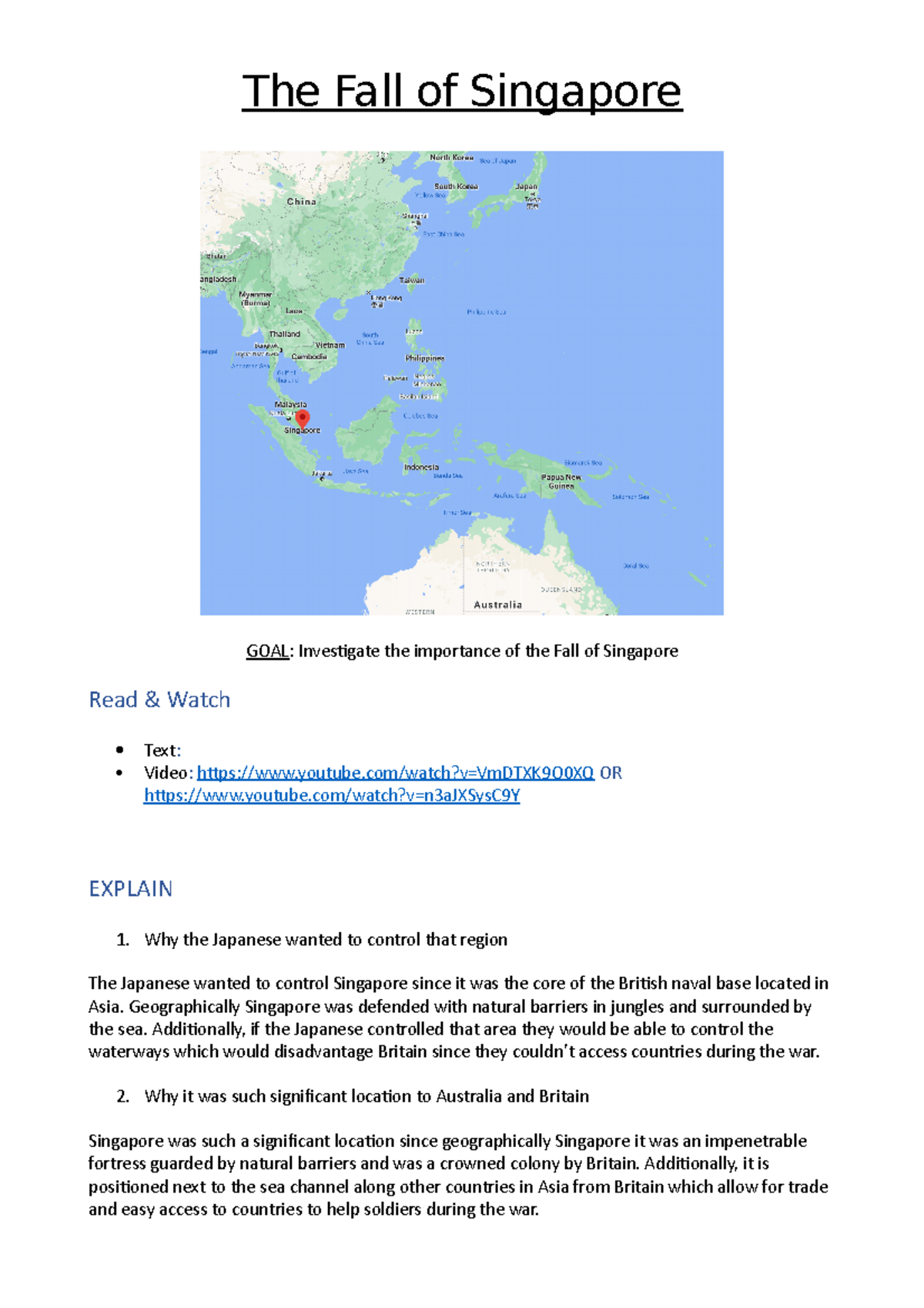 The Fall of Singapore notes - The Fall of Singapore GOAL: Investigate ...