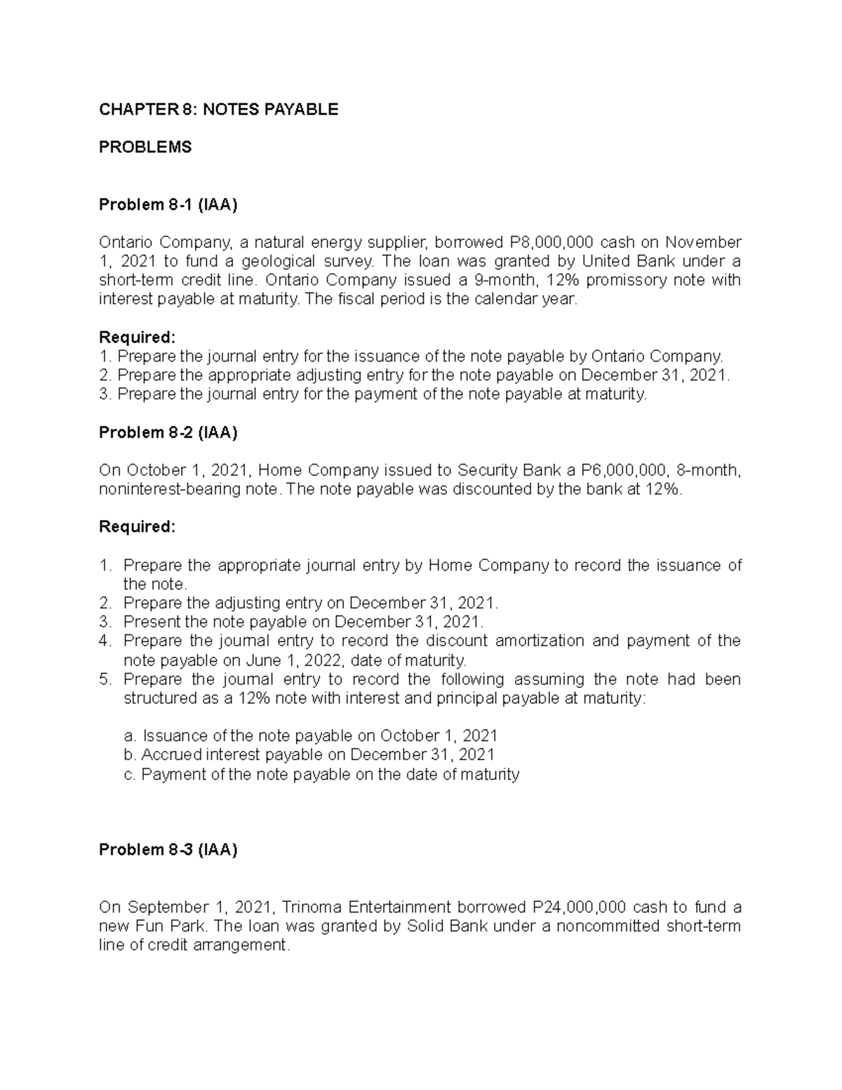 Chapter 8 Notes Payable - CHAPTER 8: NOTES PAYABLE PROBLEMS Problem 8-1 ...
