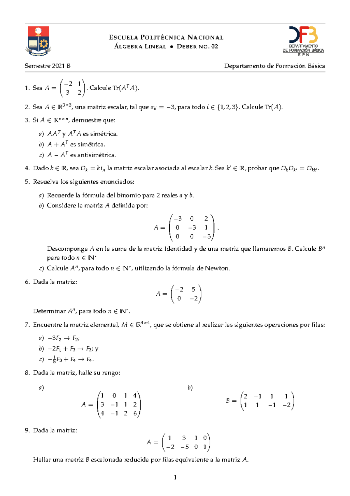 Deber 02 de algebra lineal - Algebra Lineal - EPN - Studocu