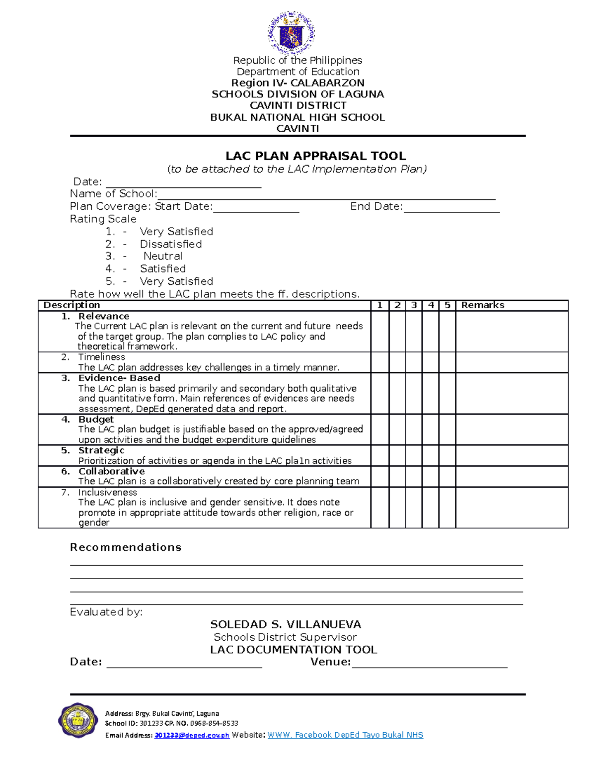 LAC PLAN Appraisal TOOL 2021-2022 - Department of Education Region IV ...
