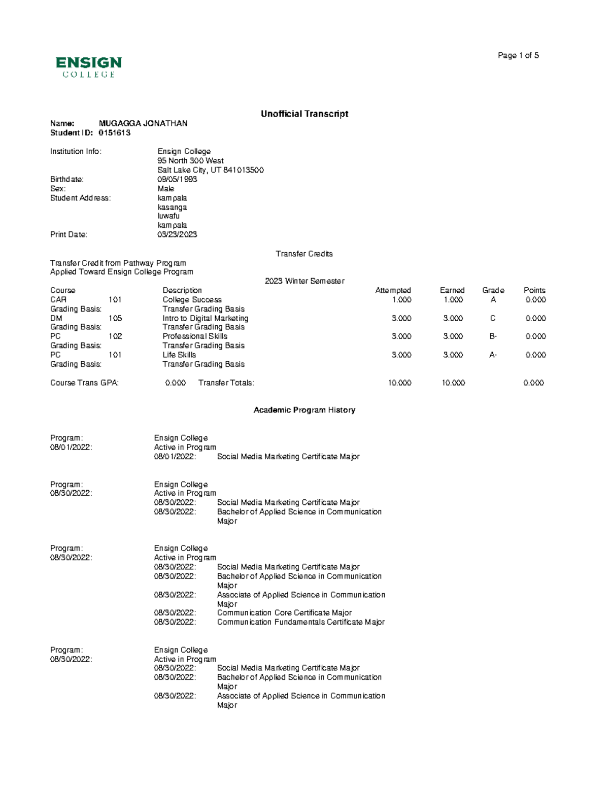 Unofficial Transcript (6) mugaggajonathan - Unofficial Transcript Name ...