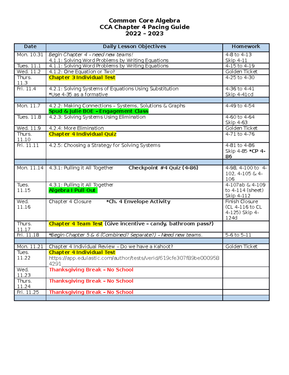CCA Chapter 4 Pacing Guide - Common Core Algebra CCA Chapter 4 Pacing ...