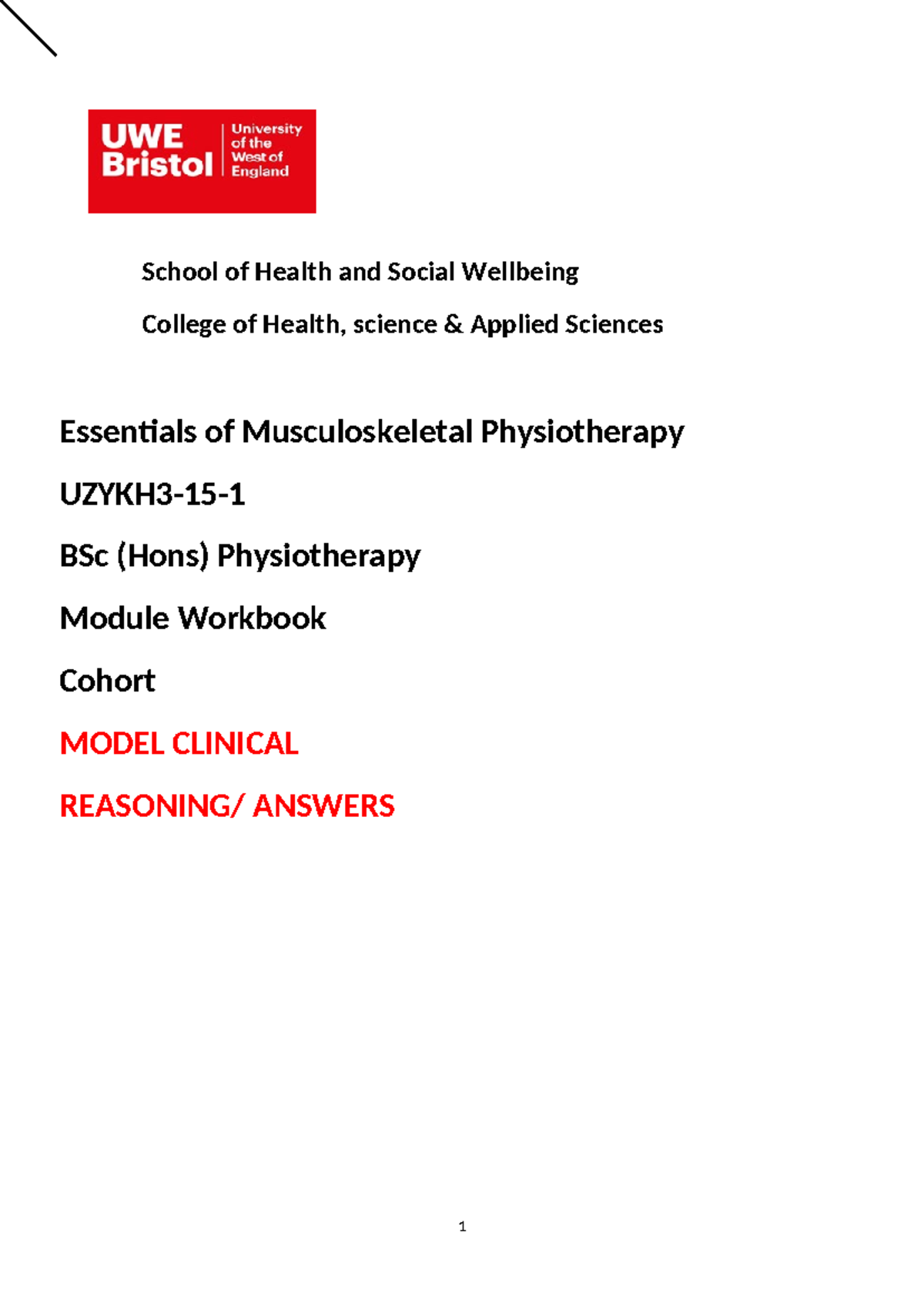 Answers Reasoning. Essentials of MSK Work Book 2023-24 - 1 School of ...