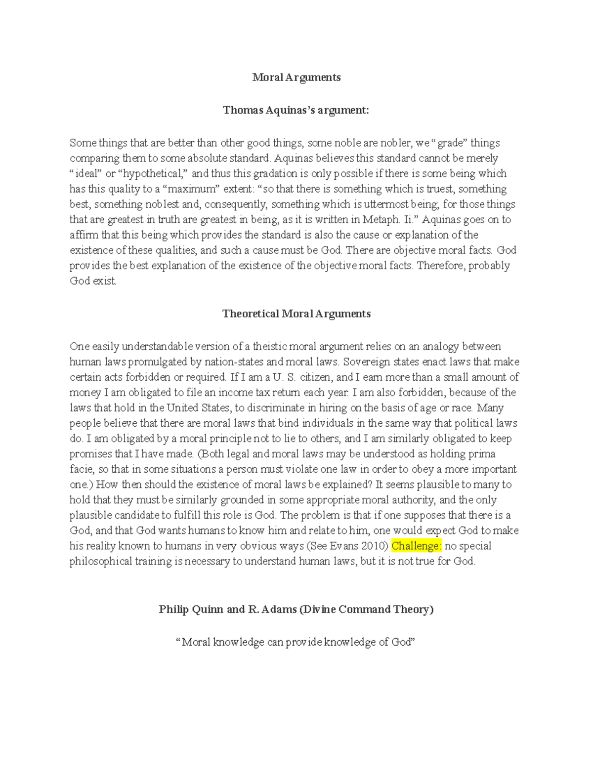 Moral Arguments - Philosophy - Moral Arguments Thomas Aquinas’s ...