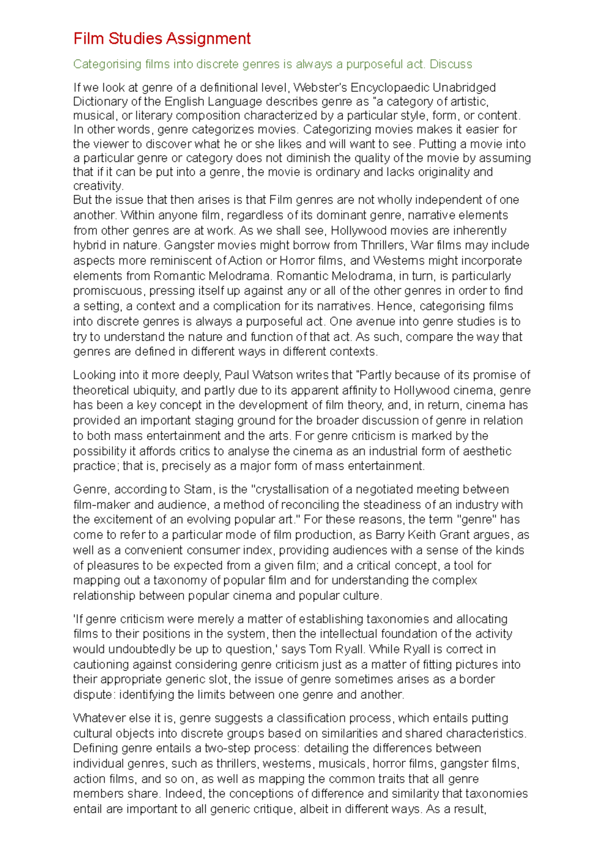 Film Studies Assignment - Film Studies Assignment Categorising films ...