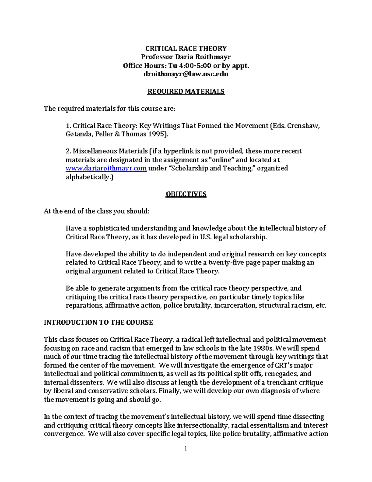 Syllabus for CRT USC - CRITICAL RACE THEORY Professor Daria Roithmayr ...