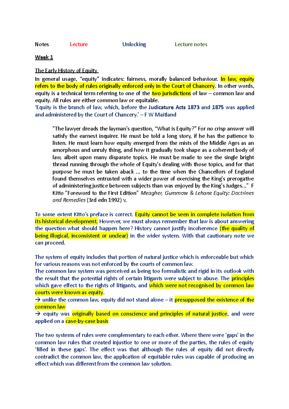 Week 1 - Introduction to equity and trust - Notes Lecture Unlocking ...