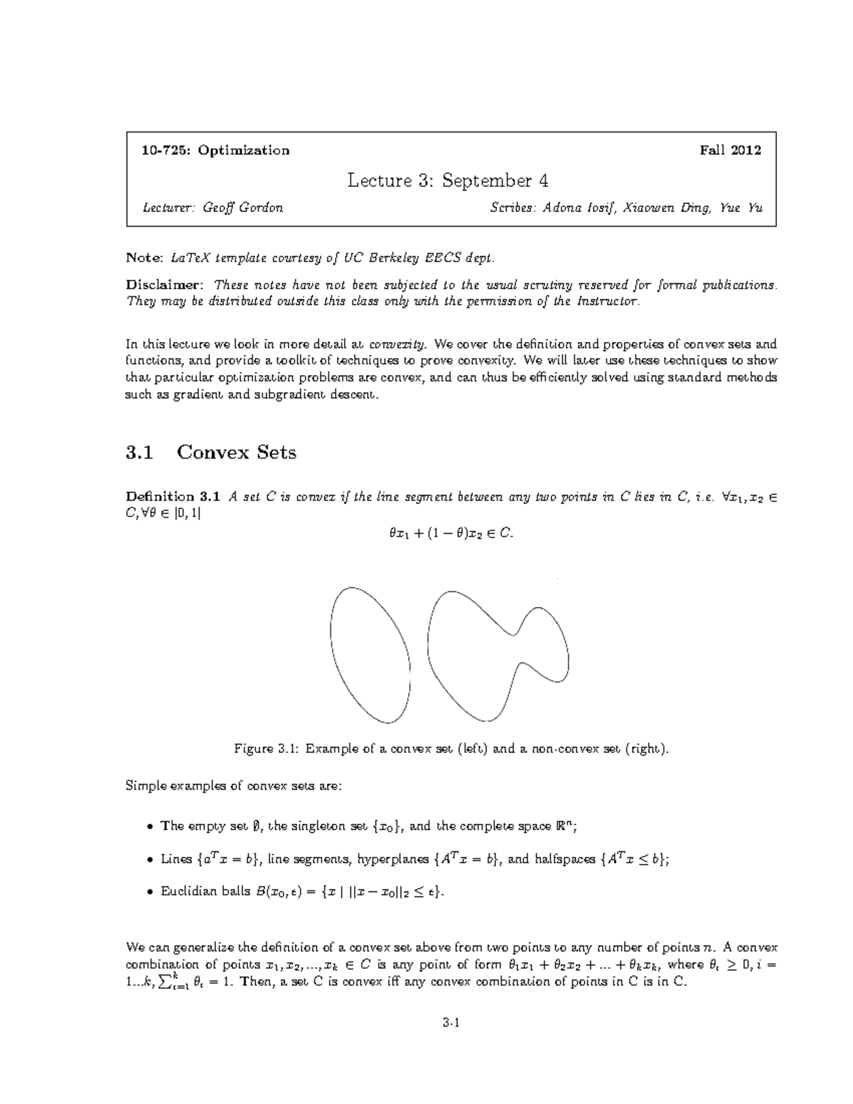 10725 Lecture 3 - Math course - 10-725: Optimization Fall 2012 Lecture 3: September 4 Lecturer ...