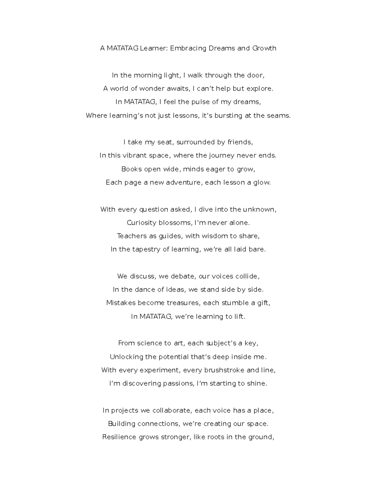 A Matatag Learner - Lecture - A MATATAG Learner: Embracing Dreams and ...