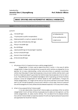 CE IC 1 Lesson 1 Answers - CE IC 1 Basic Driving and Automotive Lesson ...