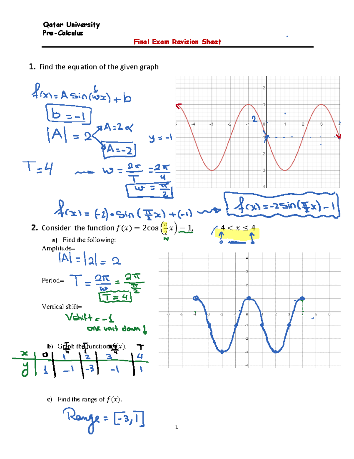 Pre - Calculas Revesion - Qatar University Pre-Calculus Final Exam ...