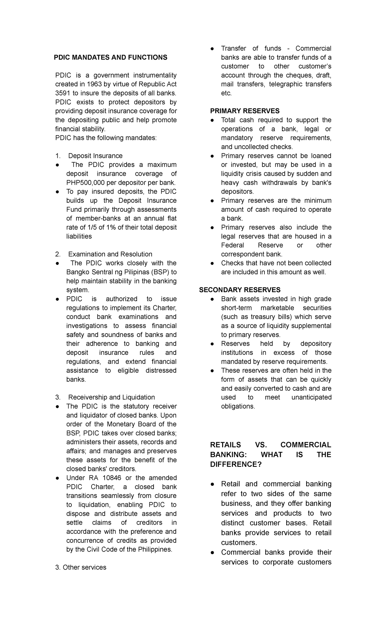 Banking and Finance Notes - PDIC - PDIC MANDATES AND FUNCTIONS PDIC is ...