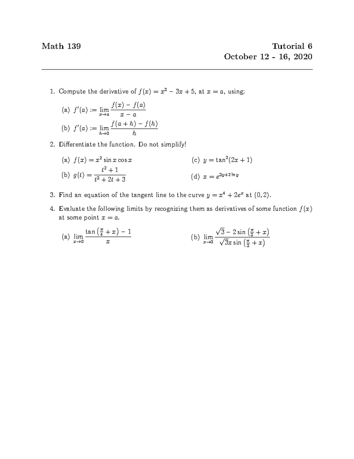 MATH139-Tutorial 6 - Tutorial - Math 139 Tutorial 6 October 12 - 16 ...