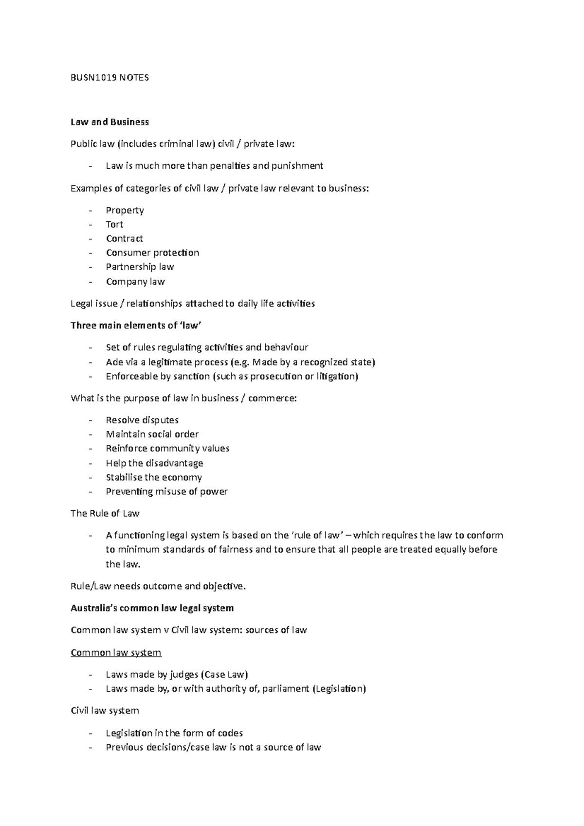BUSN1019 Notes law for business - exam notes - BUSN1019 NOTES Law and ...