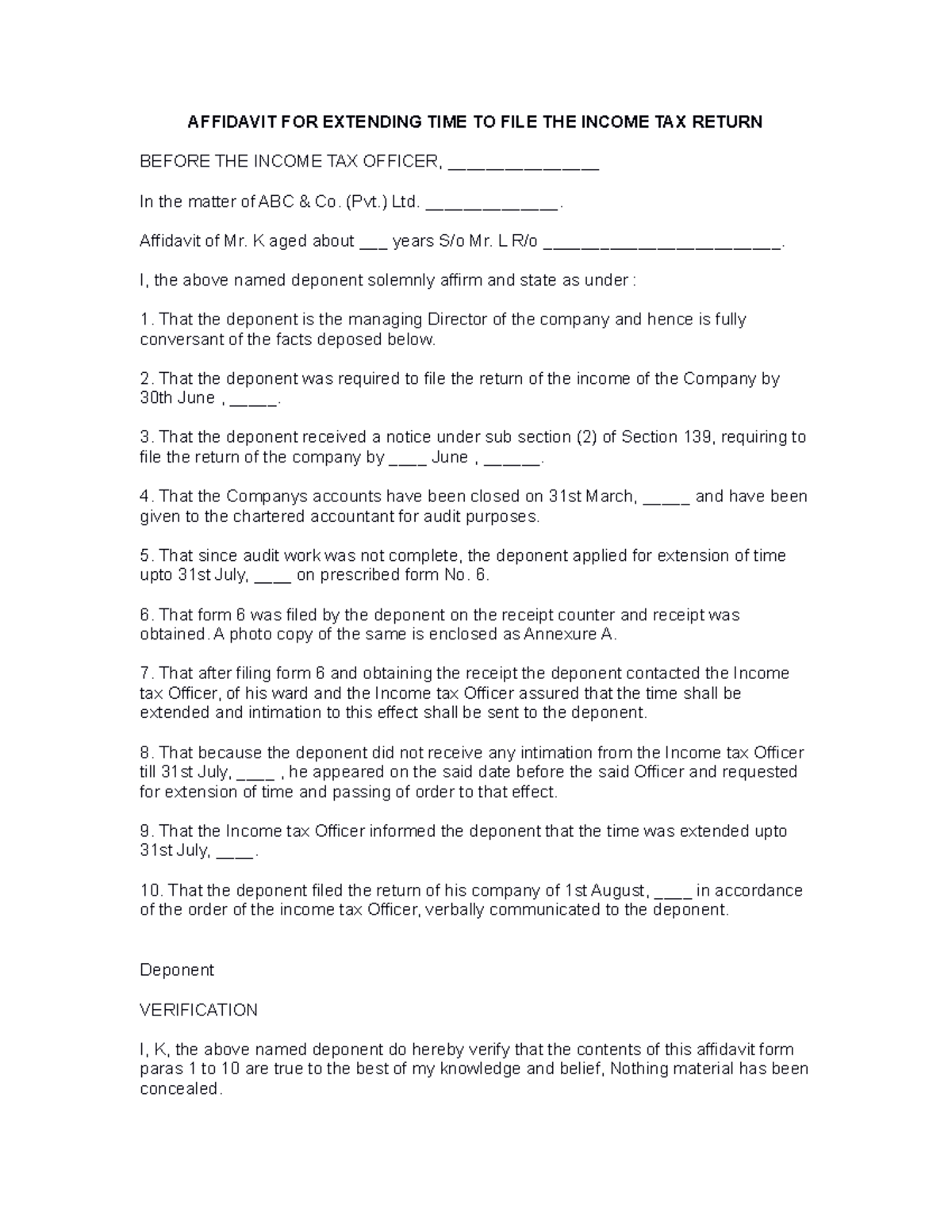 Affidavit for extending time to file the income tax return - AFFIDAVIT ...