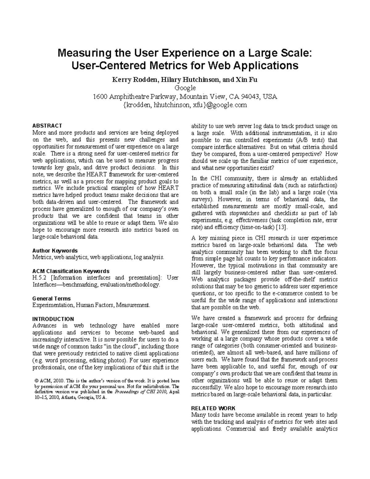 Measuring the User Experience on a Large Scale - User-Centered Metrics for Web Applications ...