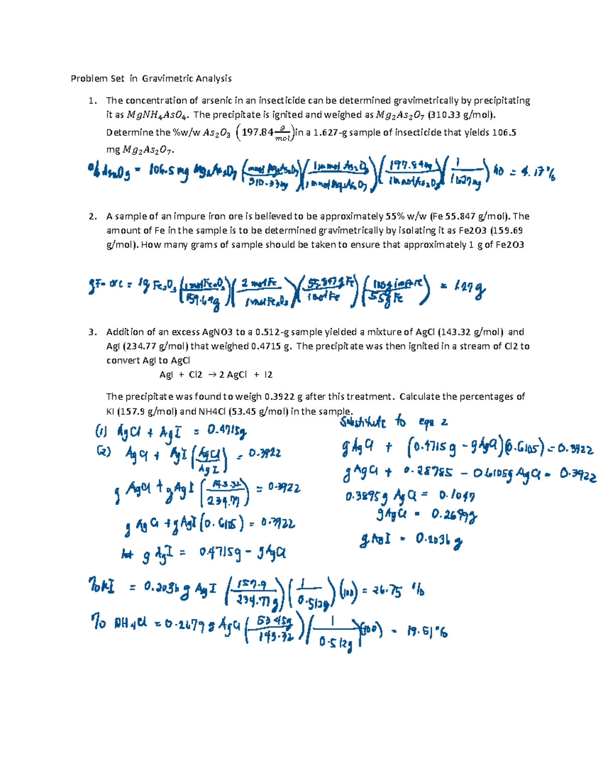 Problem Set Gravimetry solution - Problem Set in Gravimetric Analysis ...