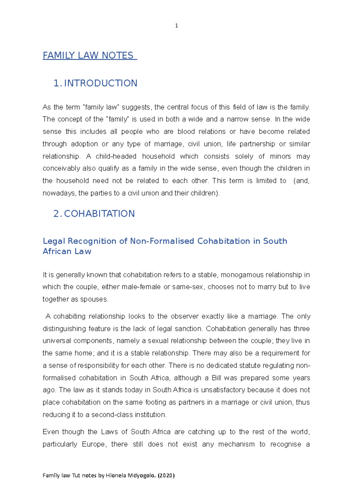 Family law notes by Hlonela Mdyogolo - LFM 122E - UFH - Studocu