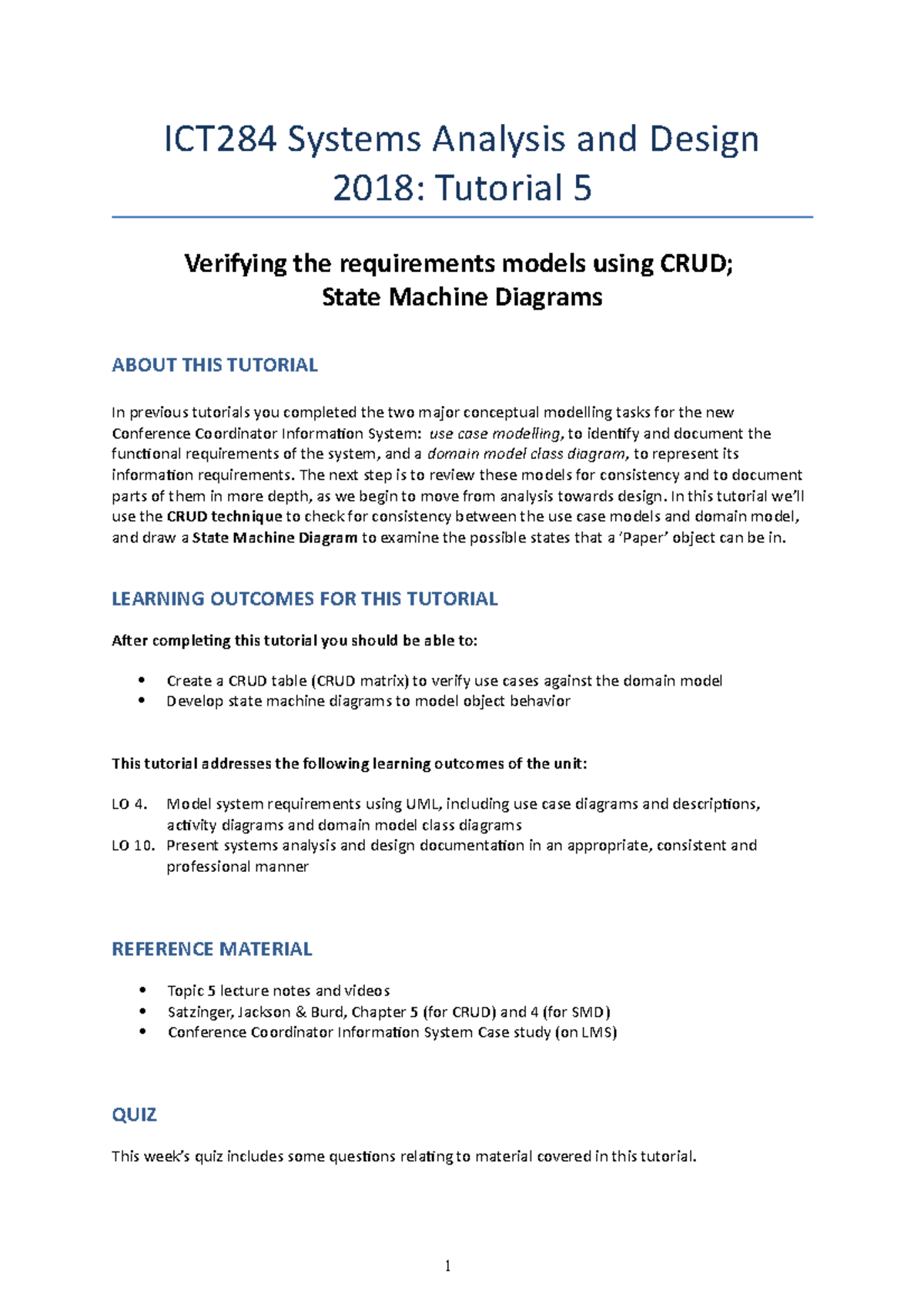 Tutorial 5 - Verifying the requirements model - ICT284 Systems Analysis and Design 2018 ...