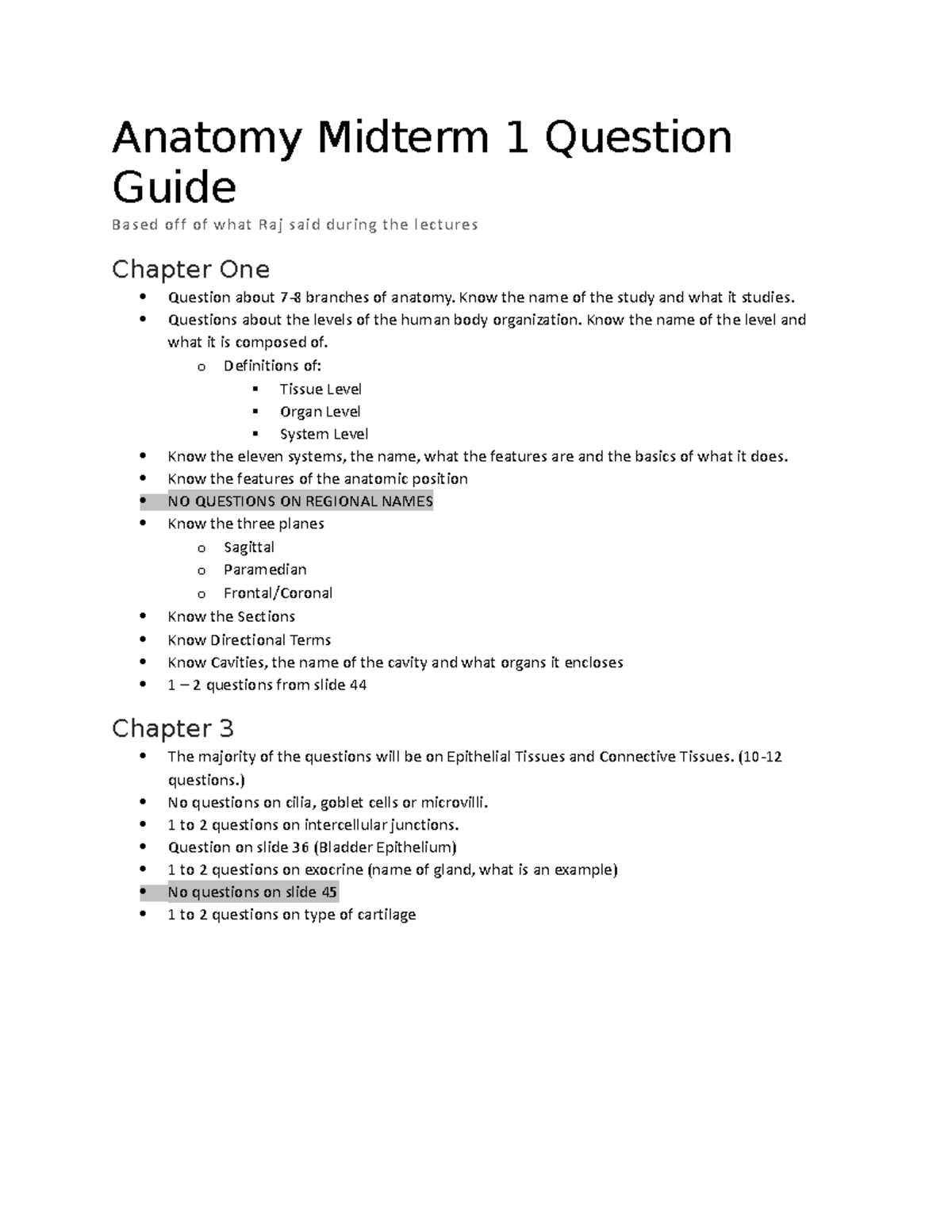 Anatomy Question Guide - Anatomy Midterm 1 Question Guide Based off of ...