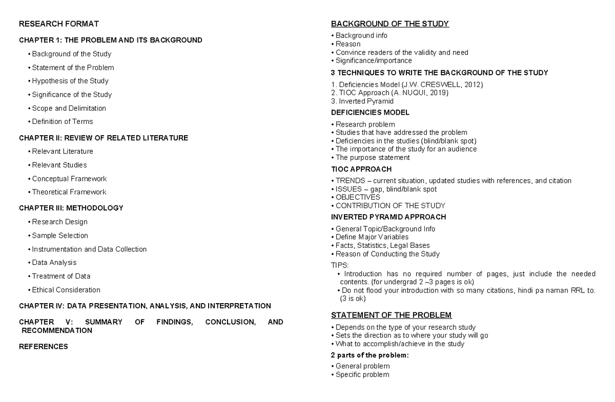 Research Lesson 2 Research Format and Guide - RESEARCH FORMAT CHAPTER 1 ...