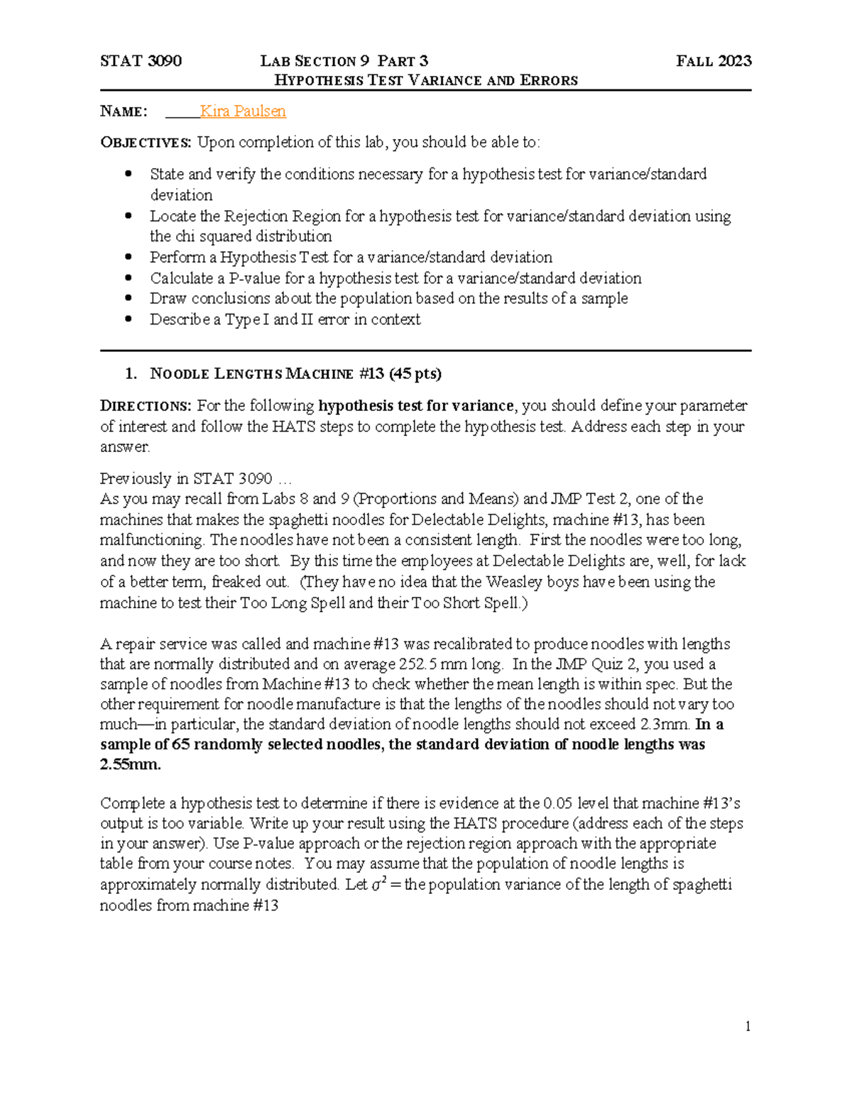 Lab Section 9 Part 3 Variance finsihed - STAT 3090 LAB SECTION 9 PART 3 ...