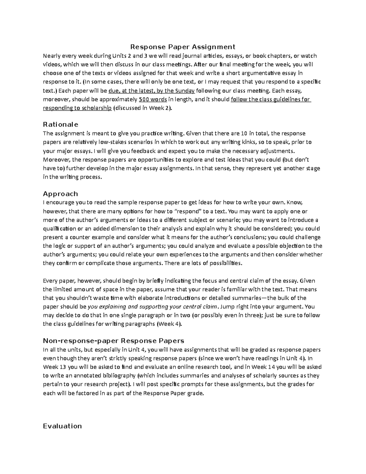 Response Paper Assignment - Response Paper Assignment Nearly every week ...