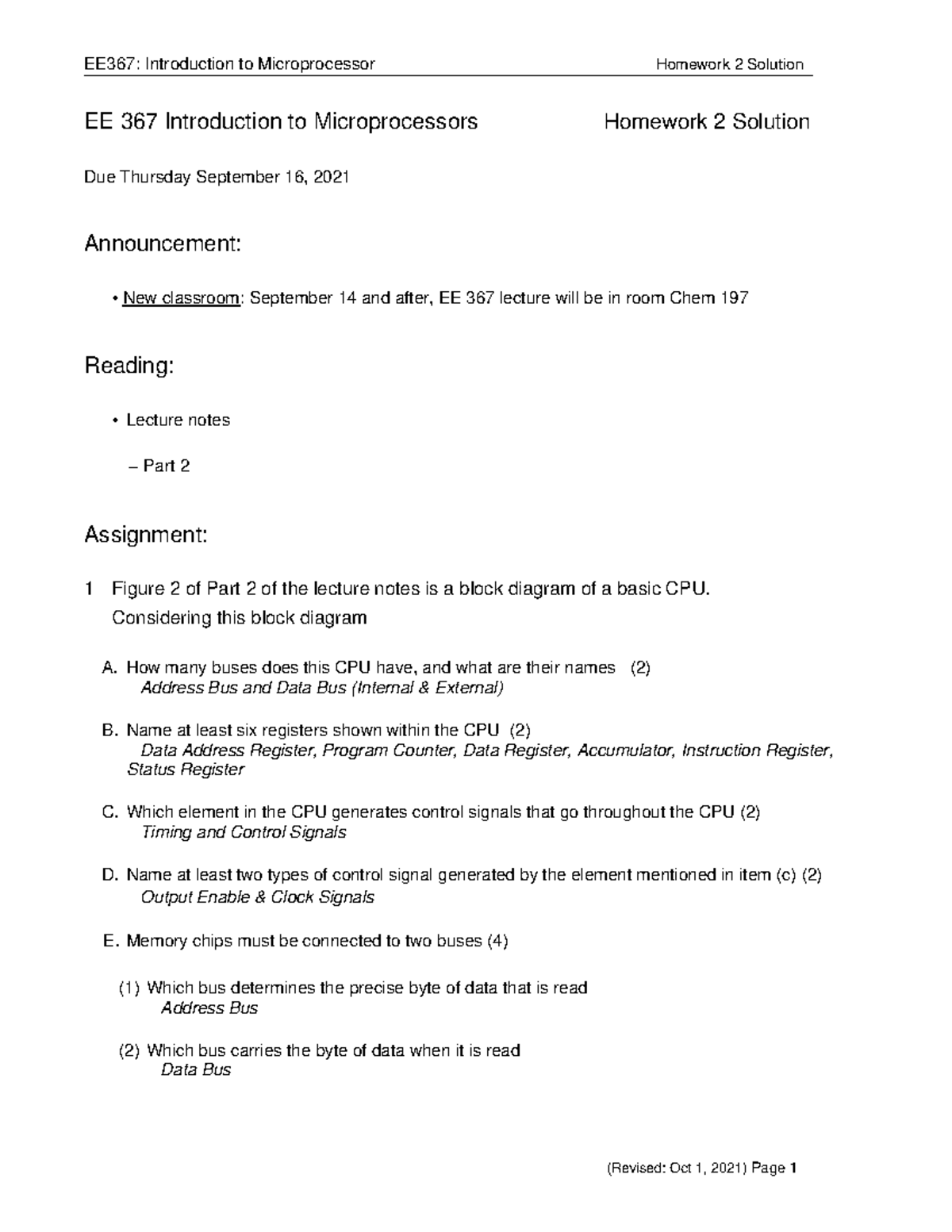 Solution HW02 Fall2021 - EE367: Introduction to Microprocessor Homework 2 Solution EE 367 - Studocu