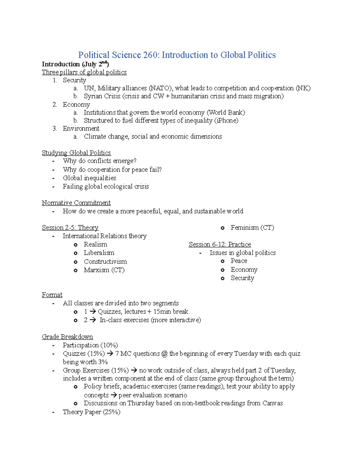 Political Science 260 Notes - Political Science 260: Introduction to ...